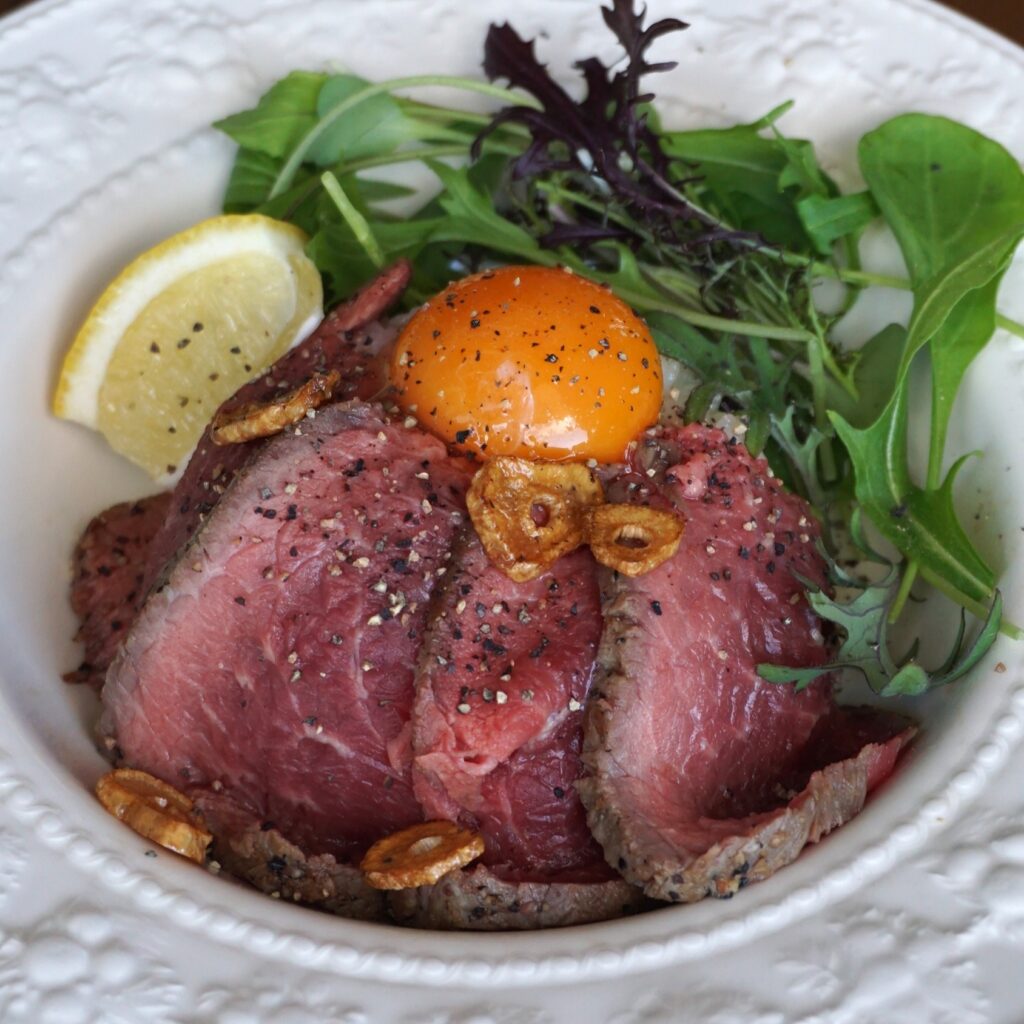 Japanese Steak Donburi (Roast Beef Rice Bowl) with Oroshi Ponzu